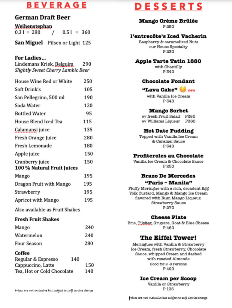 MENU - L'Entrecôte Manila