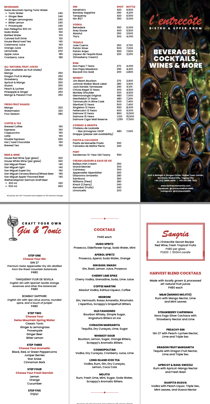 Bar Menu - L'Entrecôte Manila